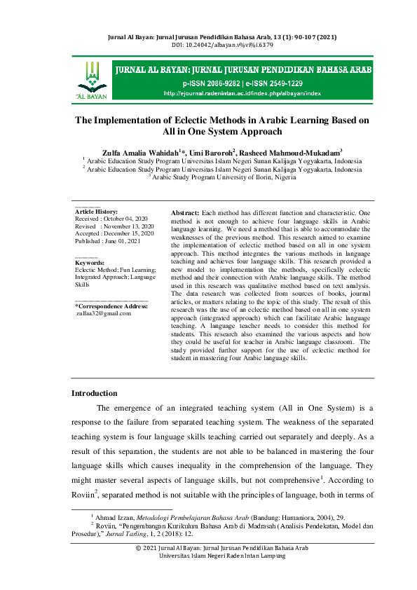 (PDF) The Implementation of Eclectic Methods in Arabic Learning Based ...