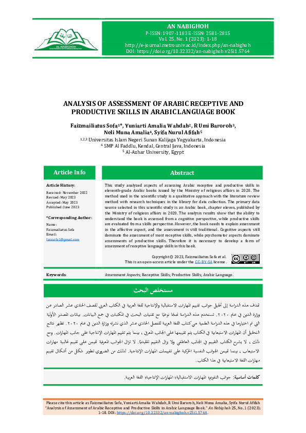 (PDF) Analysis of Assessment of Arabic Receptive and Productive Skills ...
