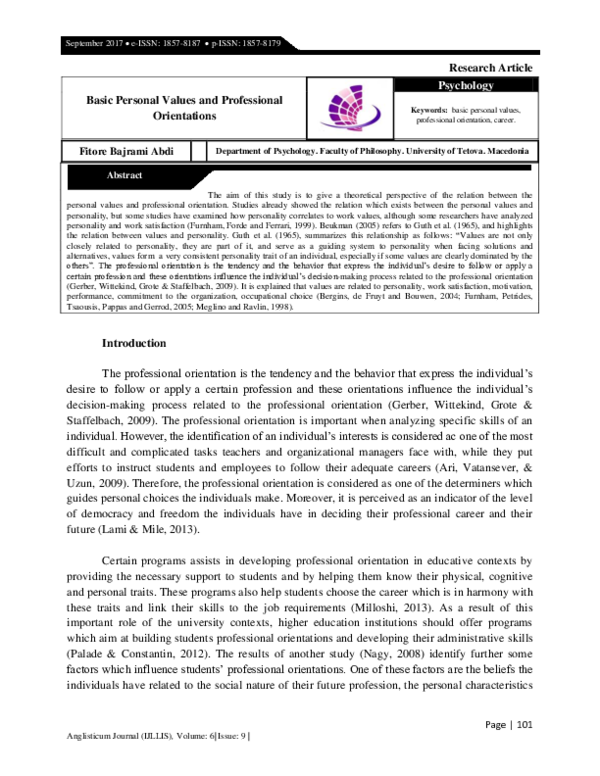 (PDF) Basic Personal Values and Professional Orientations