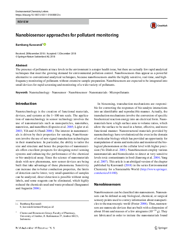 (PDF) Nanobiosensor approaches for pollutant monitoring