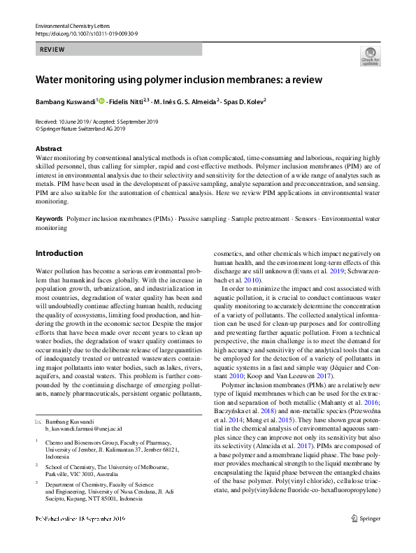 (PDF) Water monitoring using polymer inclusion membranes: a review