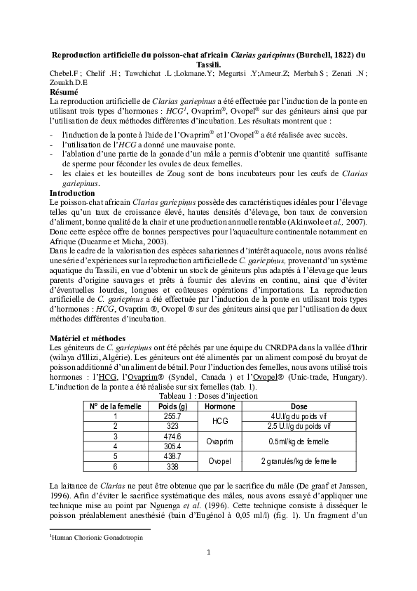 (PDF) Reproduction artificielle du poisson-chat africain Clarias ...