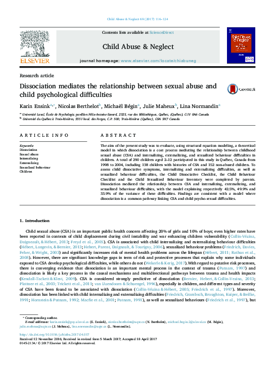 (PDF) Dissociation mediates the relationship between sexual abuse and ...
