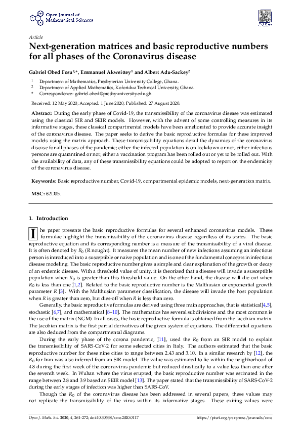 (PDF) Next-generation matrices and basic reproductive numbers for all ...