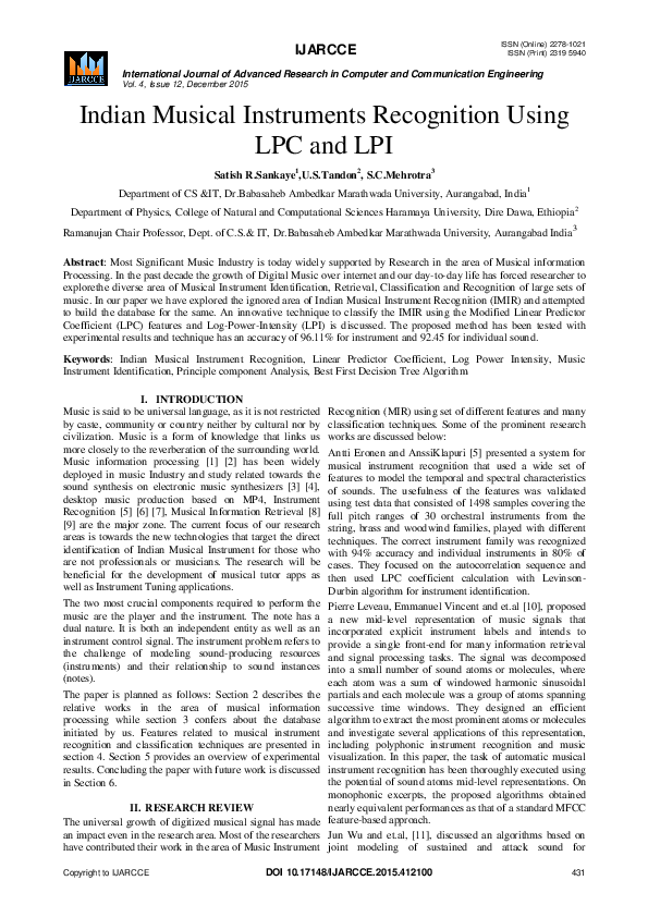 (PDF) Indian Musical Instruments Recognition Using LPC and LPI