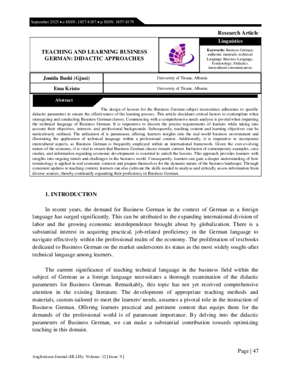 (PDF) Teaching and Learning Business German: Didactic Approaches