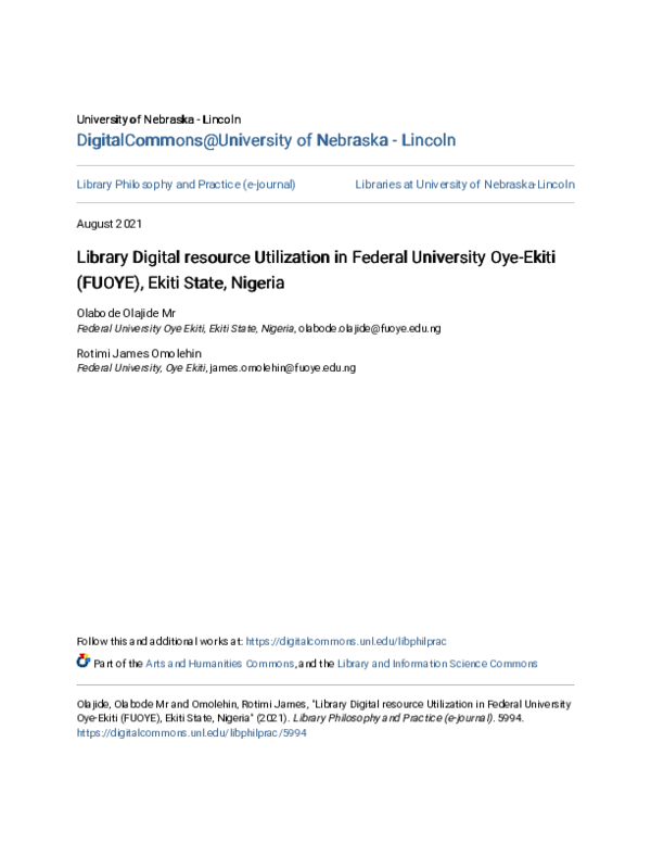 (PDF) Library Digital resource Utilization in Federal University Oye ...