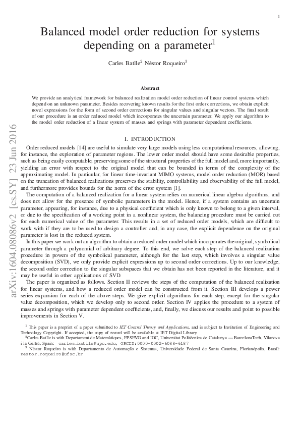 (PDF) Balanced model order reduction for systems depending on a parameter