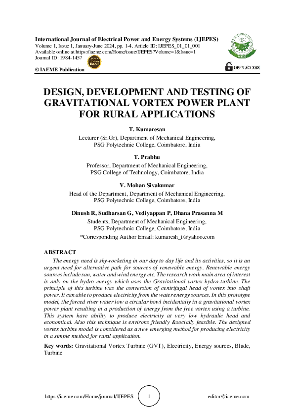 (PDF) DESIGN, DEVELOPMENT AND TESTING OF GRAVITATIONAL VORTEX POWER ...