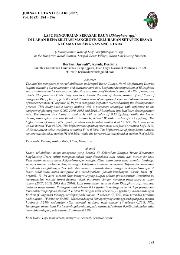 (PDF) LAJU PENGURAIAN SERASAH DAUN (Rhizophora spp.) DI LAHAN ...