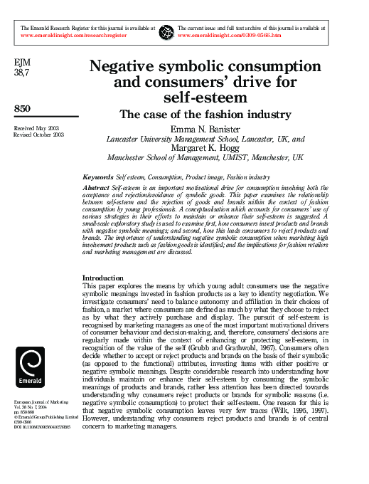 (PDF) Negative symbolic consumption and consumers’ drive for self‐esteem