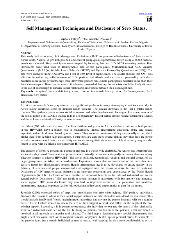 (PDF) Self Management Techniques and Disclosure of Sero Status