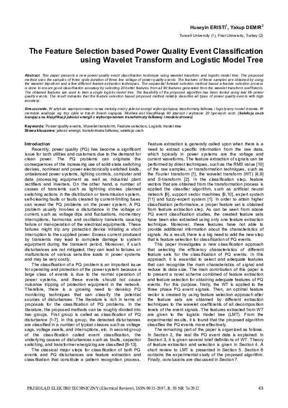 Pdf The Feature Selection Based Power Quality Event Classification Using Wavelet Transform And