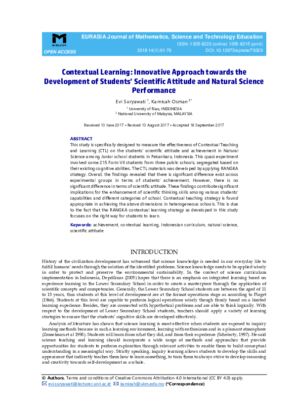 (PDF) Contextual Learning: Innovative Approach towards the Development of Students’ Scientific ...