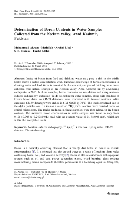 (PDF) Determination of Boron Contents in Water Samples Collected from ...