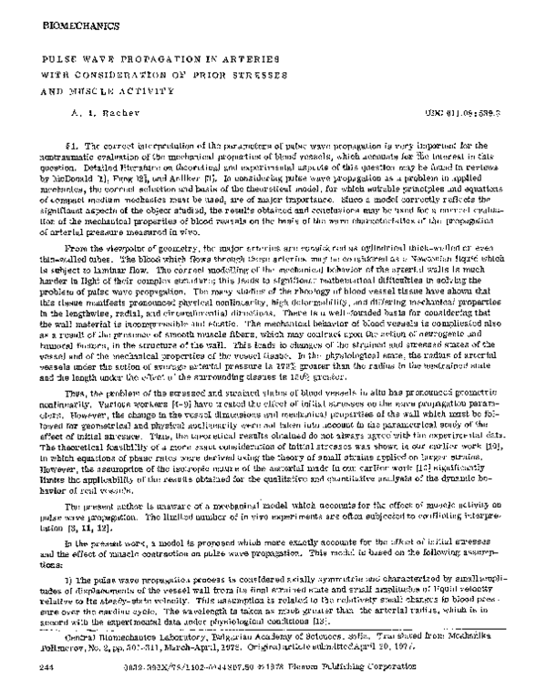 (PDF) Pulse wave propagation in arteries with consideration of prior stresses and muscle activity