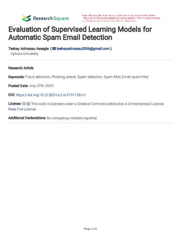 (PDF) Evaluation of Supervised Learning Models for Automatic Spam Email Detection | Tsehay ...