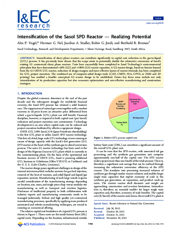 (PDF) Intensification of the Sasol SPD Reactor — Realizing Potential
