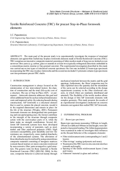 (PDF) Textile Reinforced Concrete (TRC) for precast Stay-in-Place ...