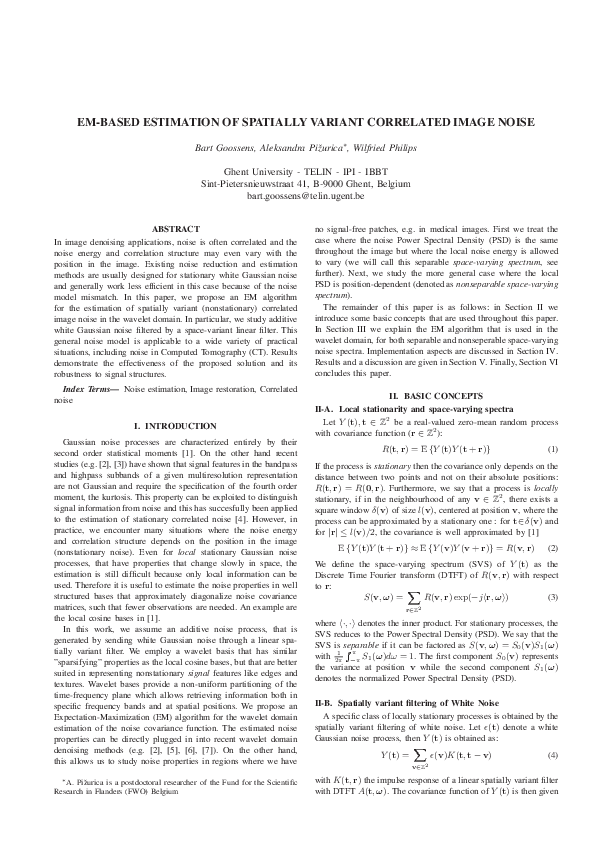 Pdf Em Based Estimation Of Spatially Variant Correlated Image Noise