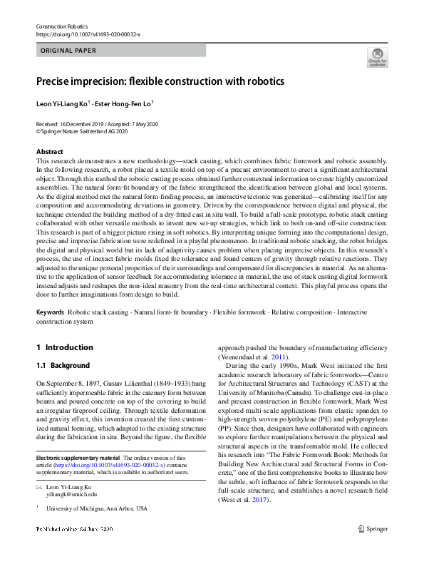 (PDF) Precise imprecision: flexible construction with robotics | Ester Lo - Academia.edu