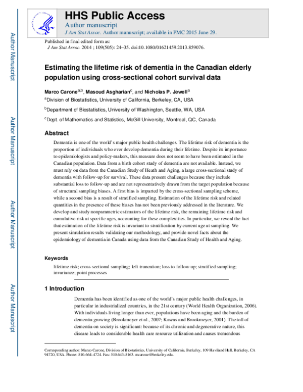 (PDF) Estimating the Lifetime Risk of Dementia in the Canadian Elderly ...