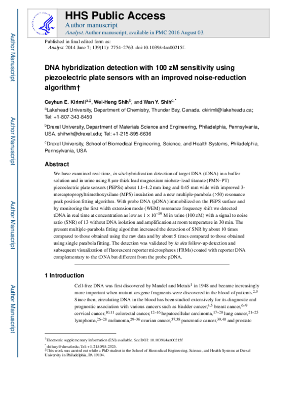 (PDF) DNA hybridization detection with 100 zM sensitivity using piezoelectric plate sensors with ...