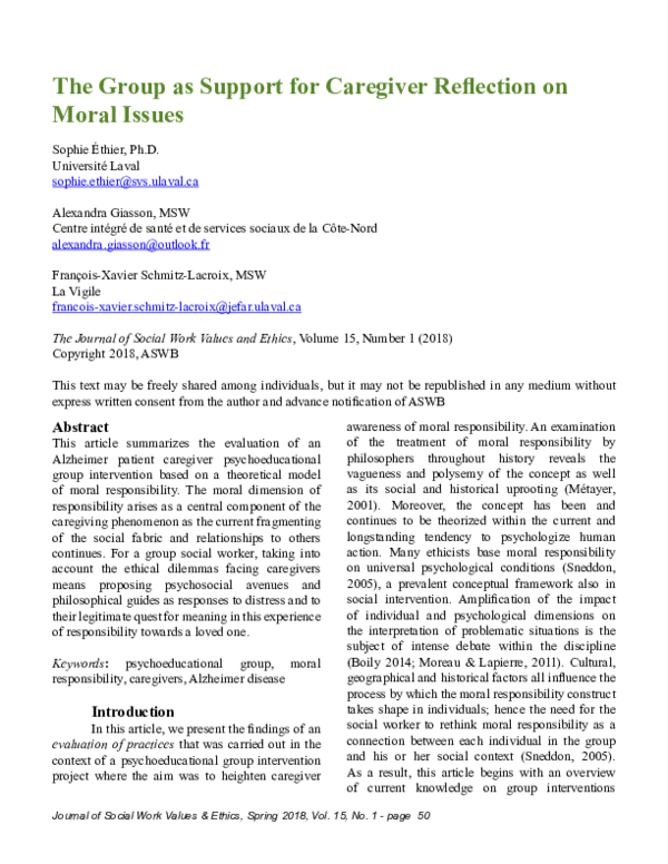(PDF) The Group as Support for Caregiver Reflection on Moral Issues