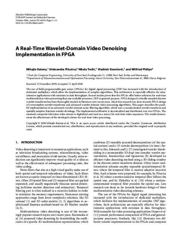 (PDF) A Real-Time Wavelet-Domain Video Denoising Implementation in FPGA