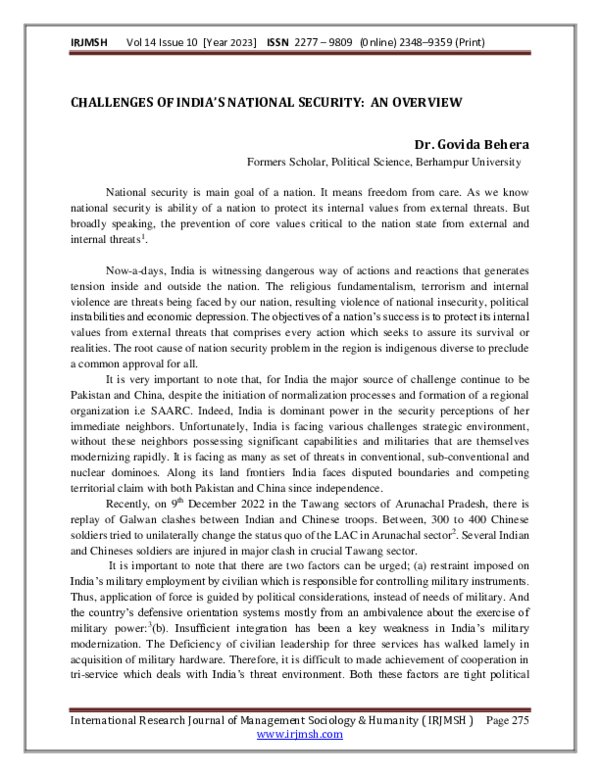 (PDF) CHALLENGES OF INDIA'S NATIONAL SECURITY: AN OVERVIEW