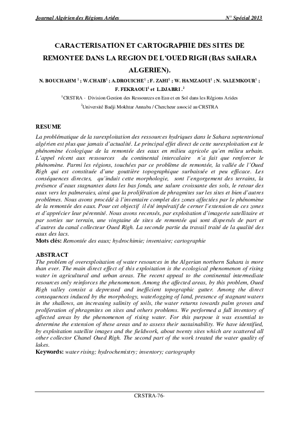 (PDF) Caracterisation et Cartographie Des Sites De Remontee Dans La ...