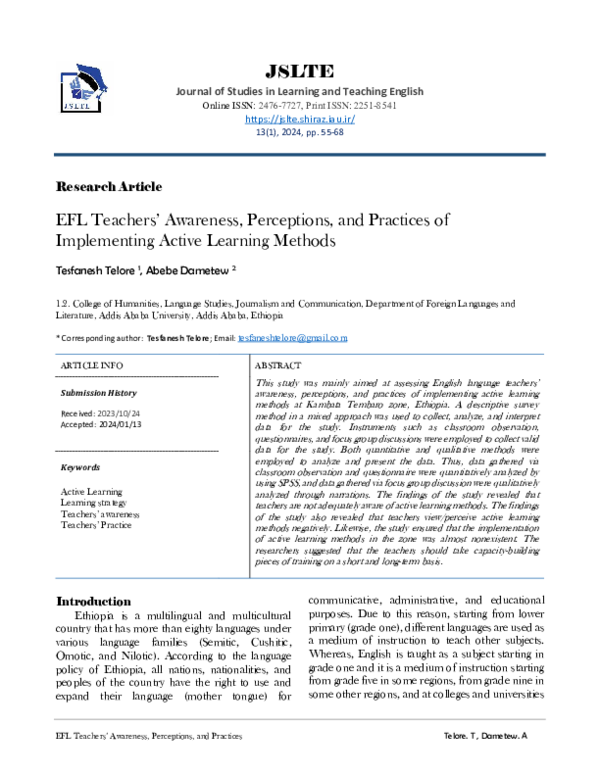 (PDF) EFL Teachers' Awareness, Perceptions, and Practices
