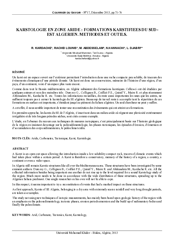 (PDF) Karstologie en Zone Aride : Formations Karstifiees Du Sudest ...