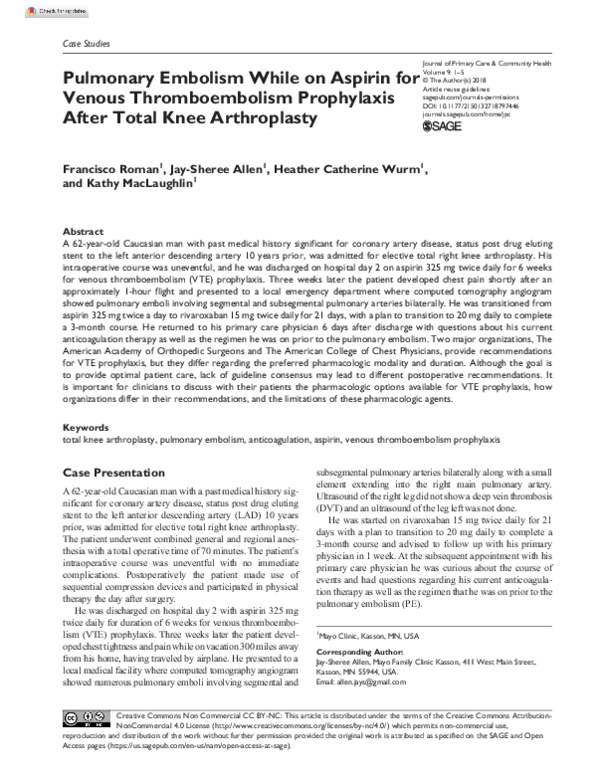 (PDF) Pulmonary Embolism While on Aspirin for Venous Thromboembolism ...