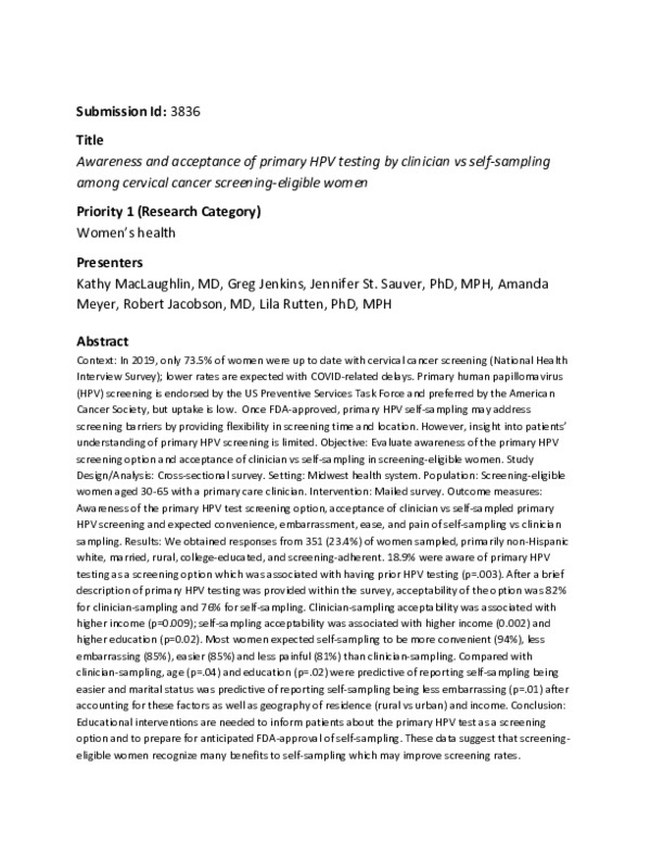 (PDF) Awareness and Acceptance of Primary HPV Testing by Clinician vs ...