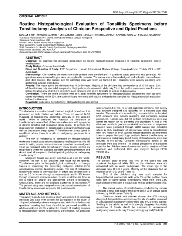 (PDF) Routine Histopathological Evaluation of Tonsillitis Specimens ...