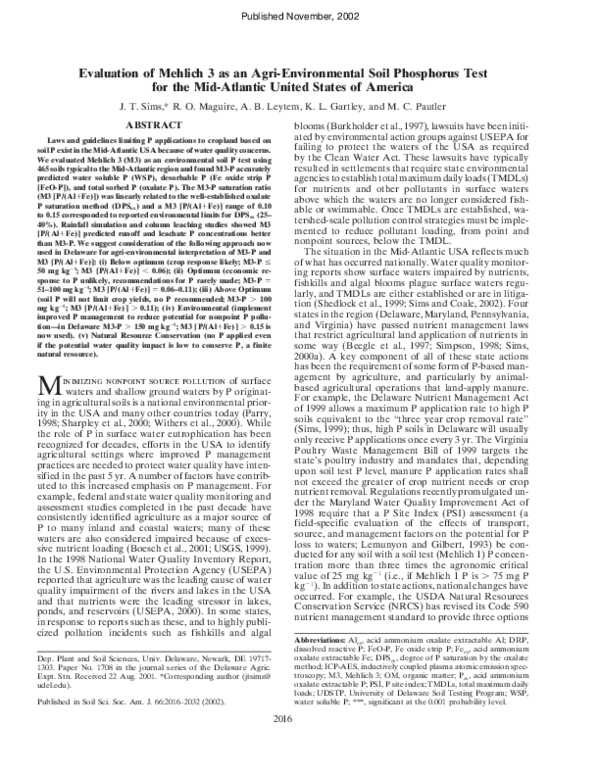 (PDF) Evaluation of Mehlich 3 as an Agri‐Environmental Soil Phosphorus ...