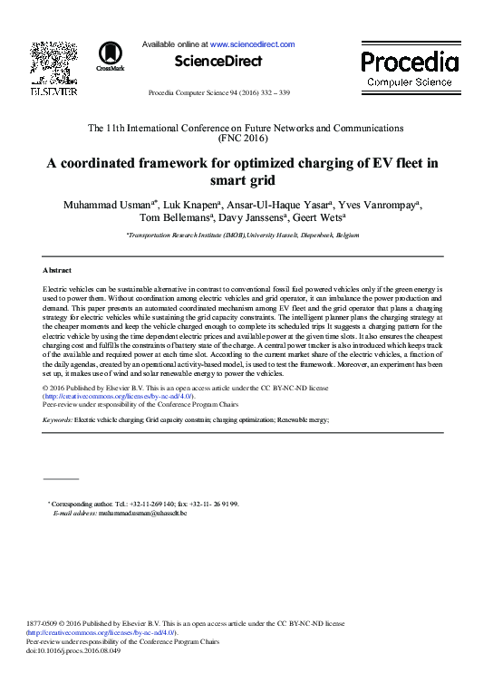 (PDF) A coordinated Framework for Optimized Charging of EV Fleet in Smart Grid