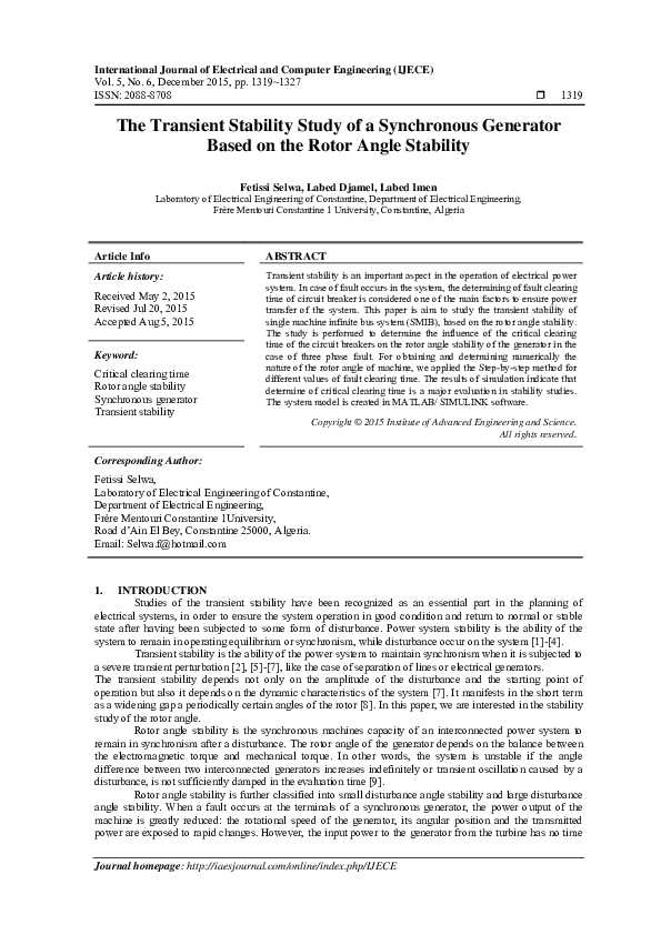 (PDF) The Transient Stability Study of a Synchronous Generator Based on the Rotor Angle Stability