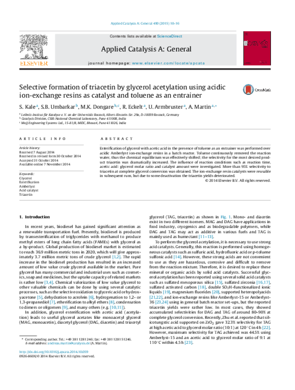 (PDF) Selective formation of triacetin by glycerol acetylation using ...