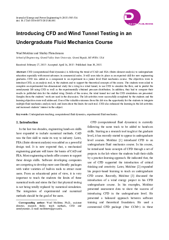 (PDF) Introducing CFD and Wind Tunnel Testing in an Undergraduate Fluid ...