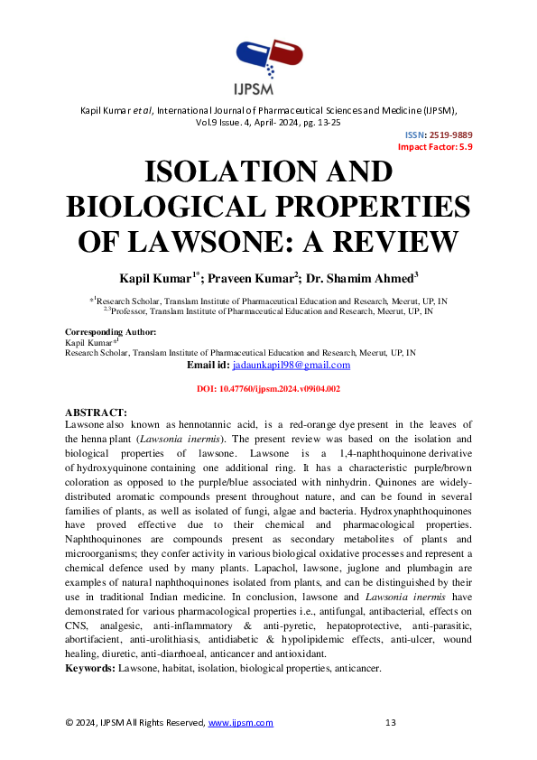 (PDF) ISOLATION AND BIOLOGICAL PROPERTIES OF LAWSONE: A REVIEW