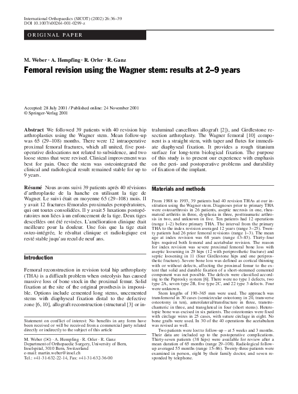 (PDF) Femoral revision using the Wagner stem: results at 2–9 years