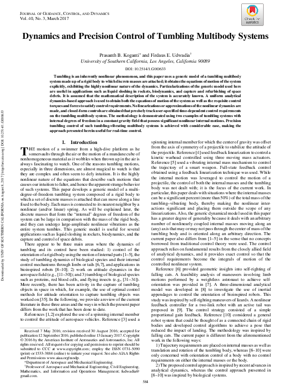 (PDF) Dynamics and Precision Control of Tumbling Multibody Systems | Firdaus Udwadia - Academia.edu