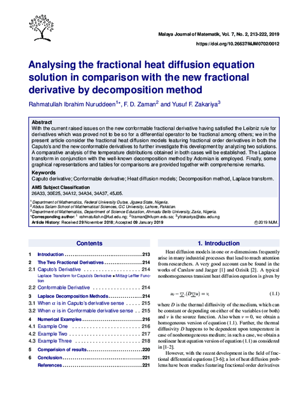 (PDF) Analysing the fractional heat diffusion equation solution in ...