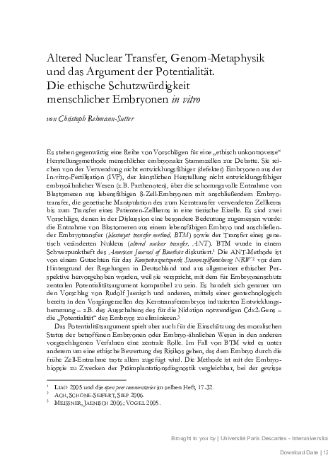(PDF) Altered Nuclear Transfer, Genom-Metaphysik und das Argument der ...
