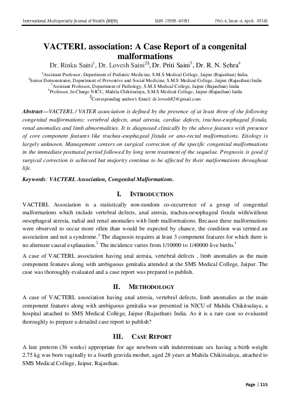 (PDF) Vacterl Association: A Case Report Of A Congenital Malformations