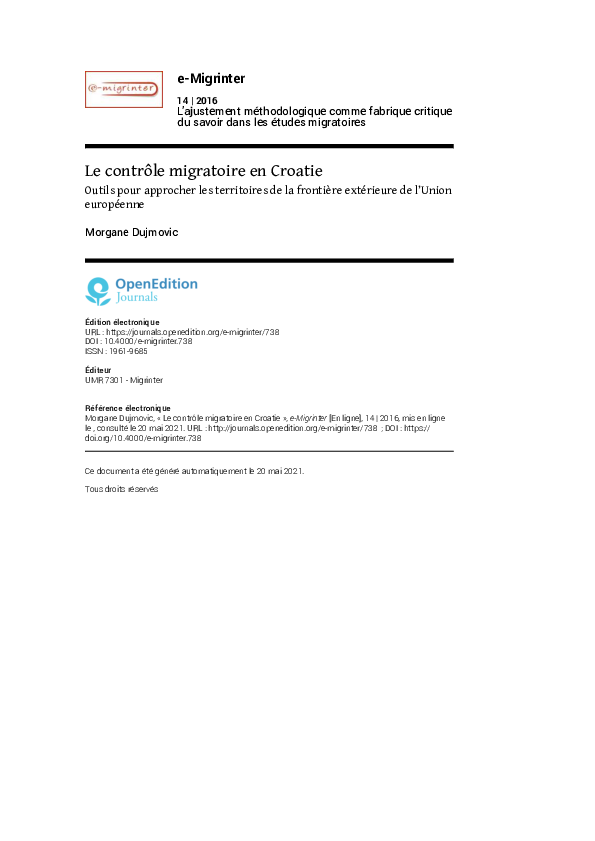 (PDF) Le contrôle migratoire en Croatie | Morgane Dujmovic - Academia.edu