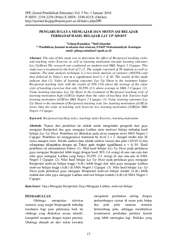 (PDF) Pengaruh Gaya Mengajar Dan Motivasi Belajar Terhadap Hasil Belajar Lay Up Shoot