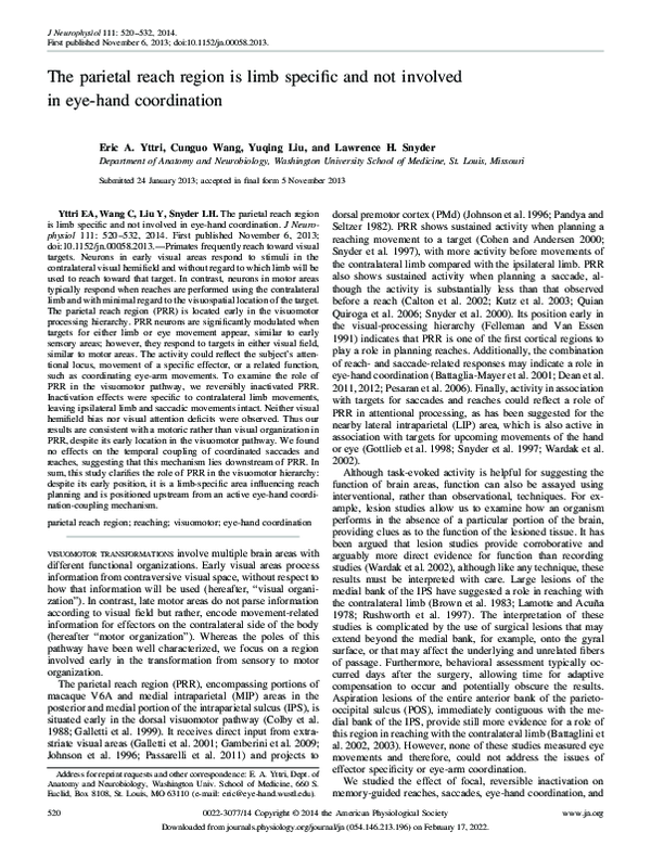 (PDF) Parietal Reach Region: Limb Specificity vs. Eye-Hand Coordination